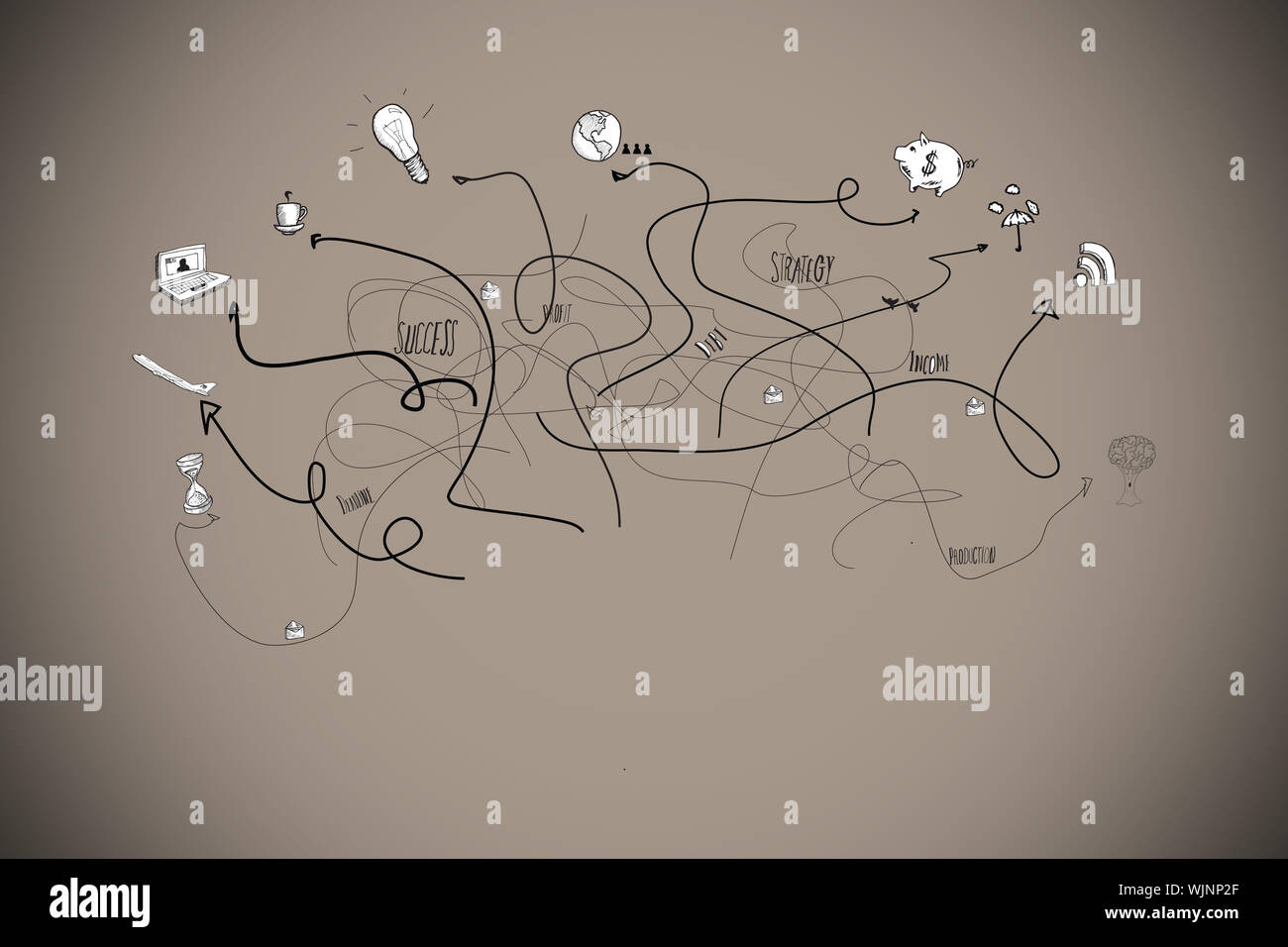 Brainstorm doodle with arrows against grey background with vignette ...