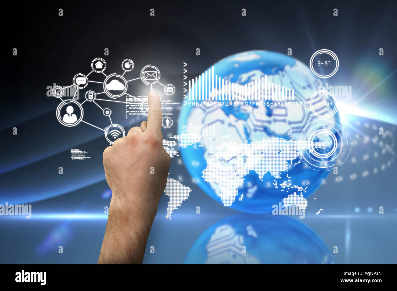 Hand pointing against digital earth background Stock Photo - Alamy