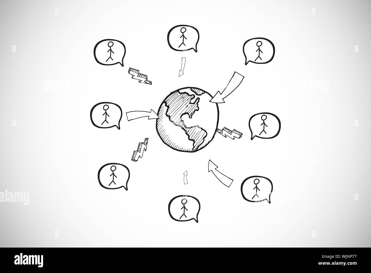 Earth doodle with stick figures against white background with vignette ...
