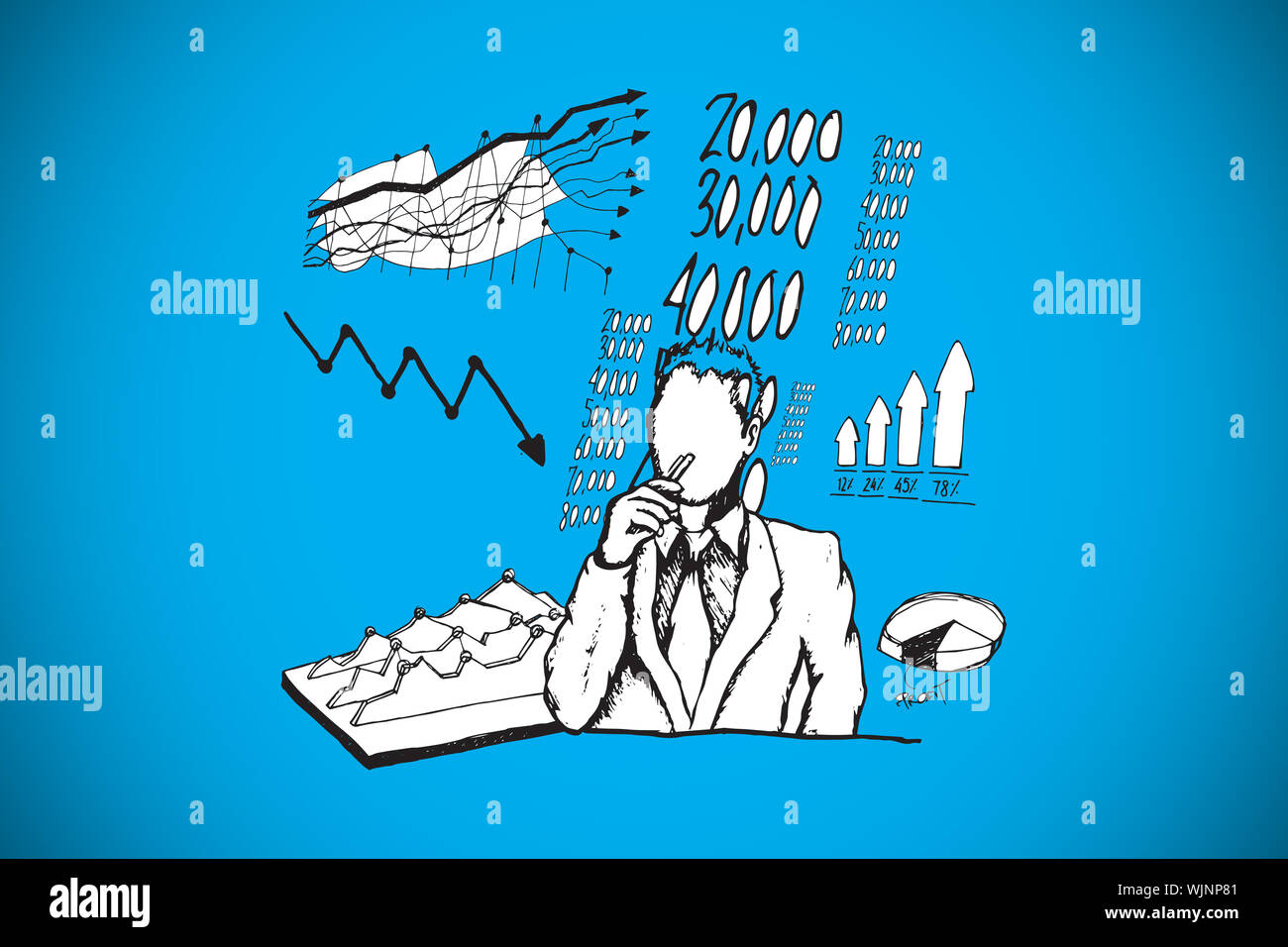 Thinking businessman doodle against blue background with vignette Stock ...