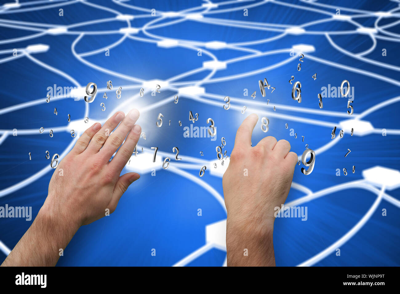 Hands pointing and presenting against hexagon pattern on technical background with binary code ...