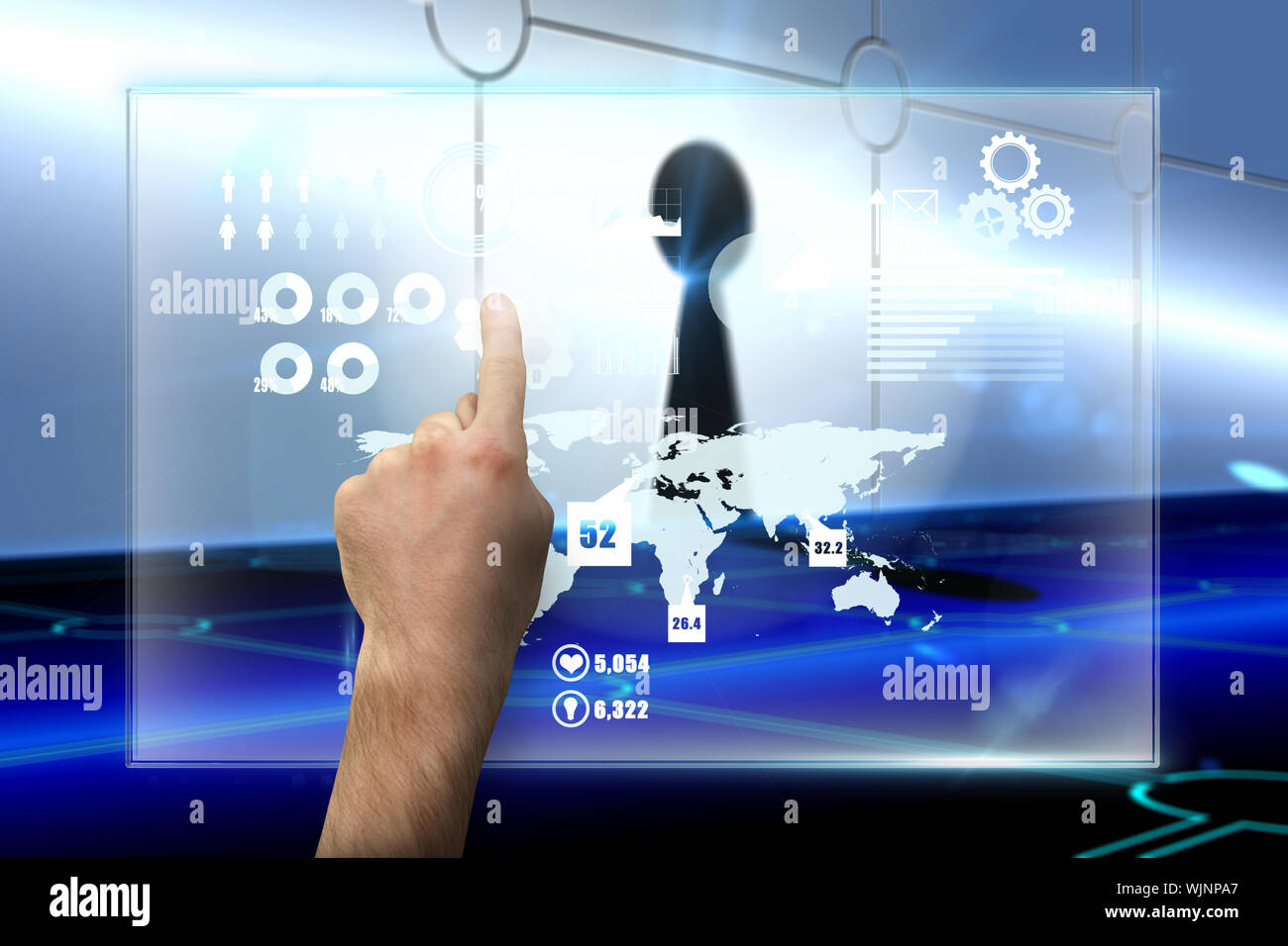 Hand pointing against keyhole on technological black background Stock ...