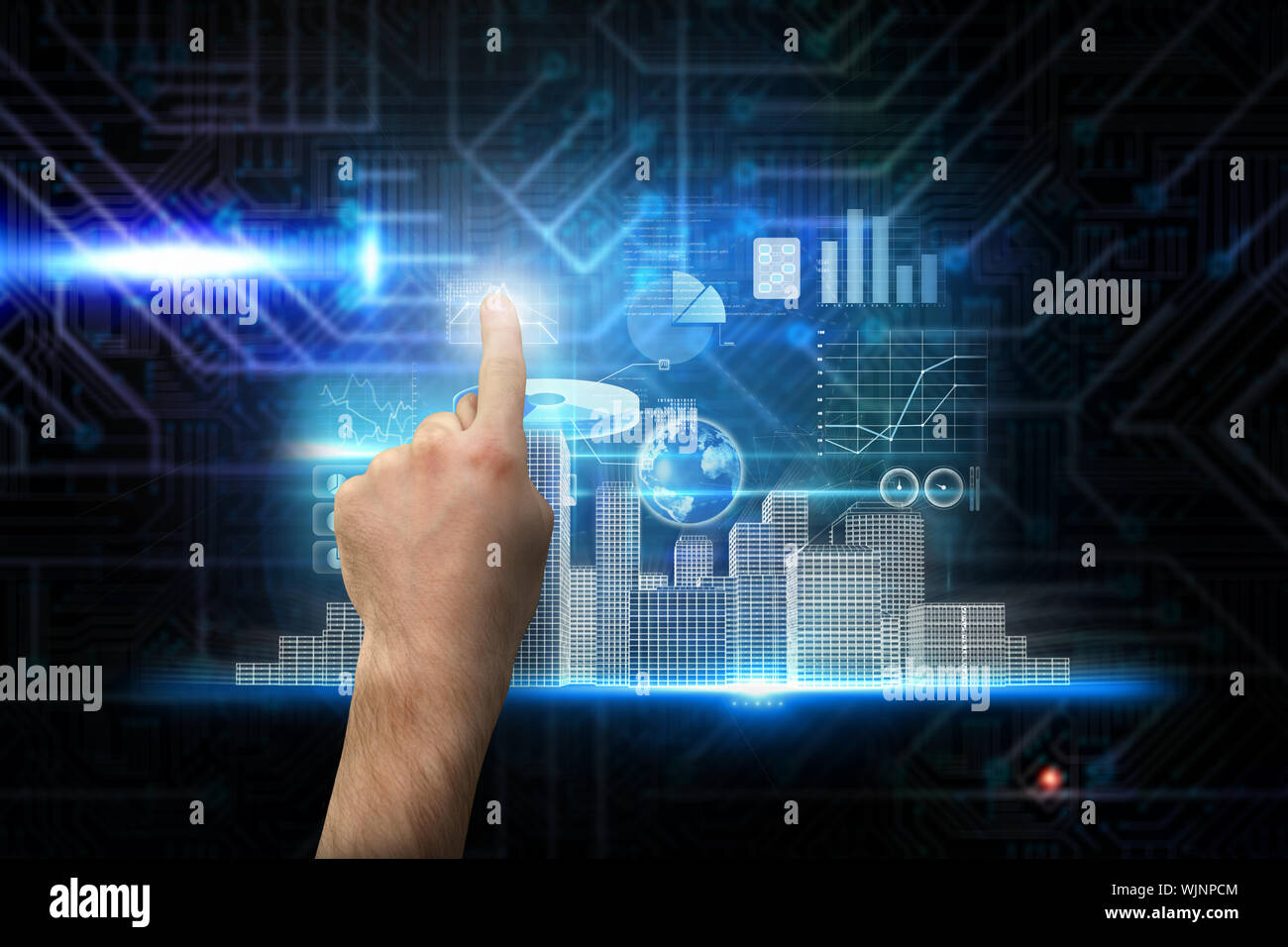 Hand pointing against futuristic black and blue background Stock Photo ...