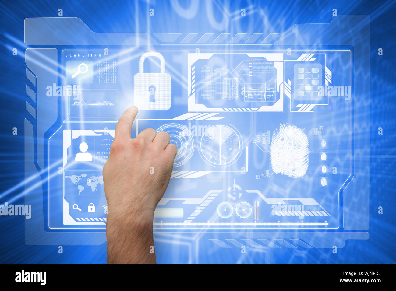 Hand pointing against background with shiny hexagons Stock Photo - Alamy