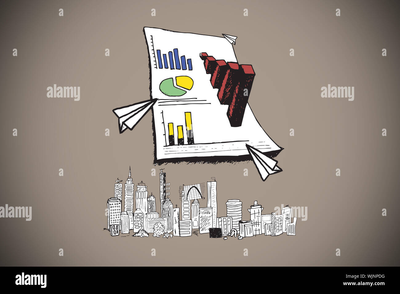 Data analysis doodles over cityscape against grey background with ...