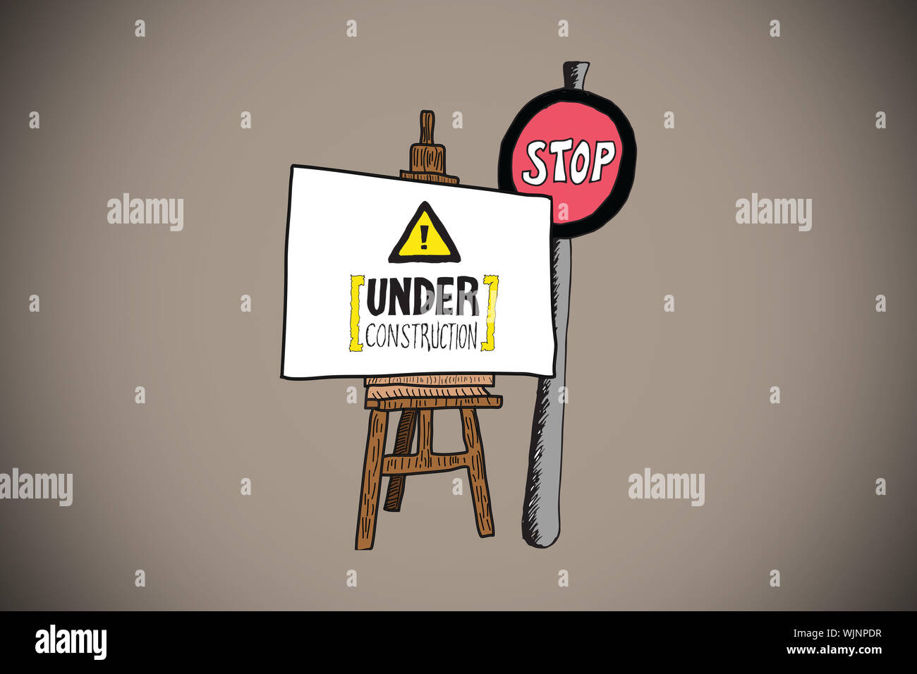 Under construction doodle against grey background with vignette Stock ...