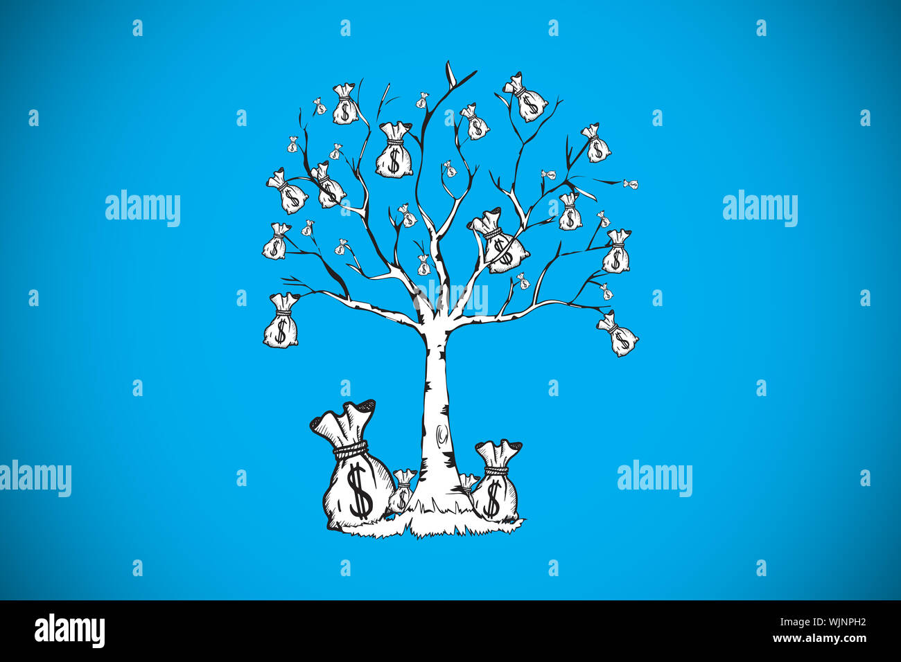 Money tree doodle against blue background with vignette Stock Photo - Alamy