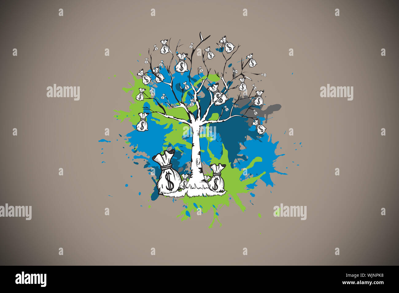 Money tree on paint splashes against grey background with vignette ...