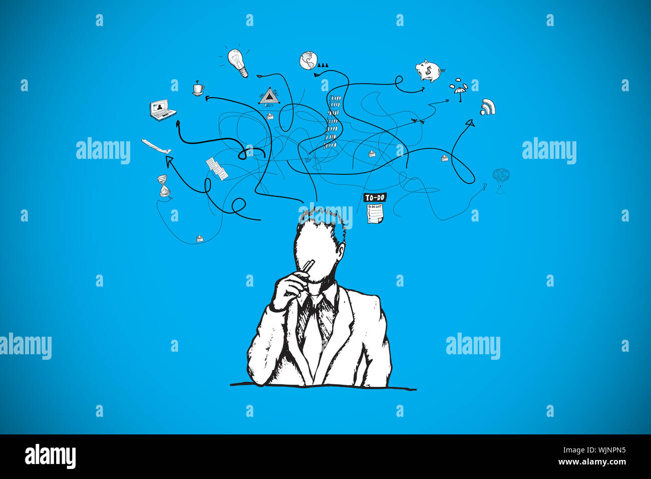 Thinking businessman doodle against blue background with vignette Stock ...