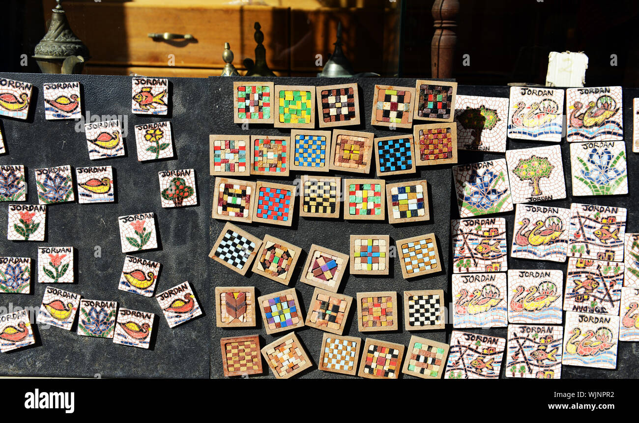 Jordanian magnets sold at a souvenir shop in Madaba, Jordan Stock Photo ...