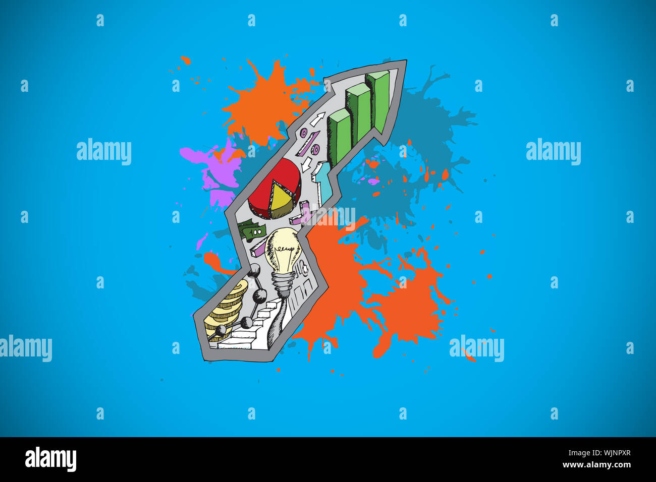 Data in arrow on paint splashes against blue background with vignette ...