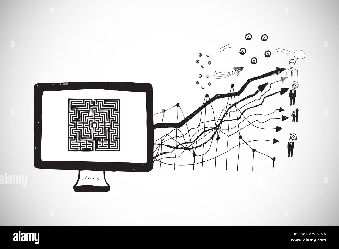 Maze on computer screen with arrows doodle against white background ...