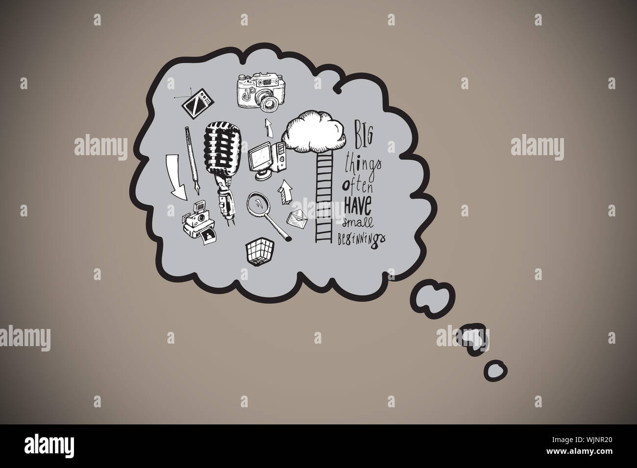 Thought bubble with doodles against grey background with vignette Stock ...