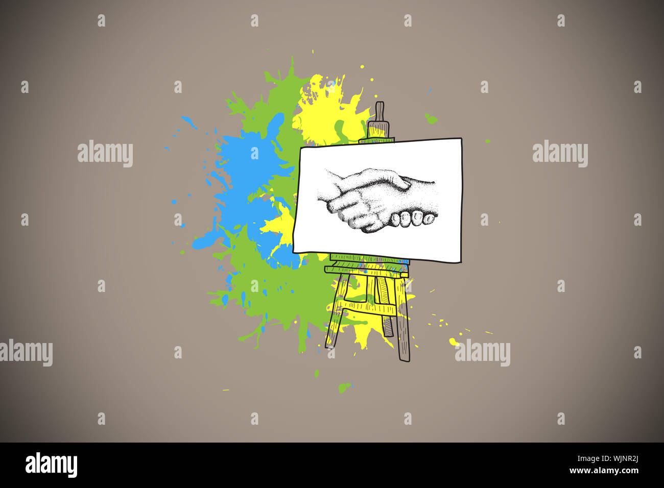 Handshake presentation on paint splashes against grey background with ...
