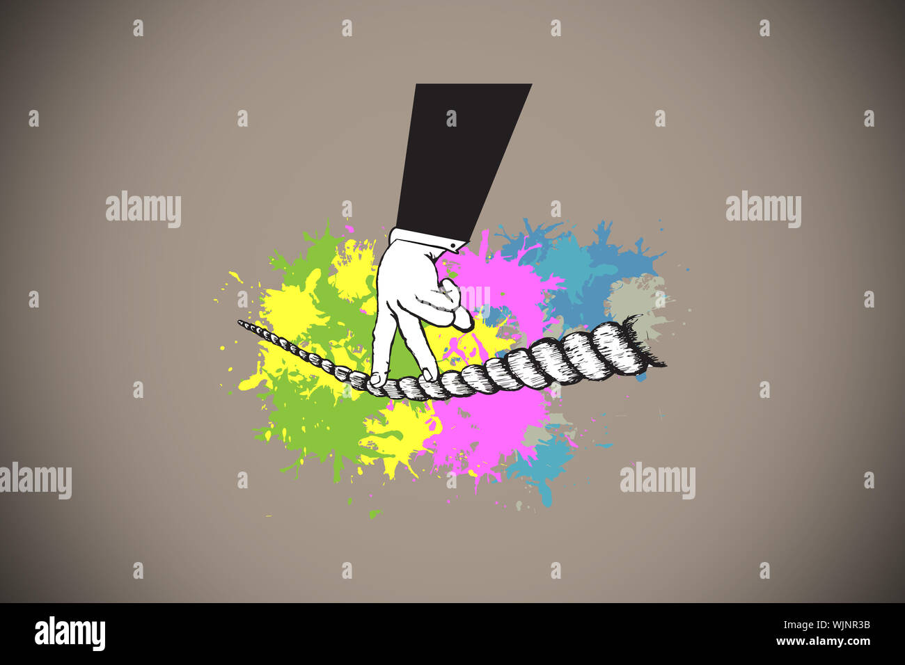 Fingers walking tightrope on paint splashes against grey background ...
