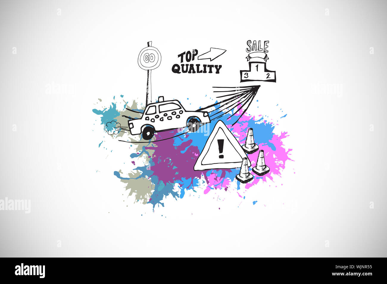 Retail icons on paint splashes against white background with vignette ...