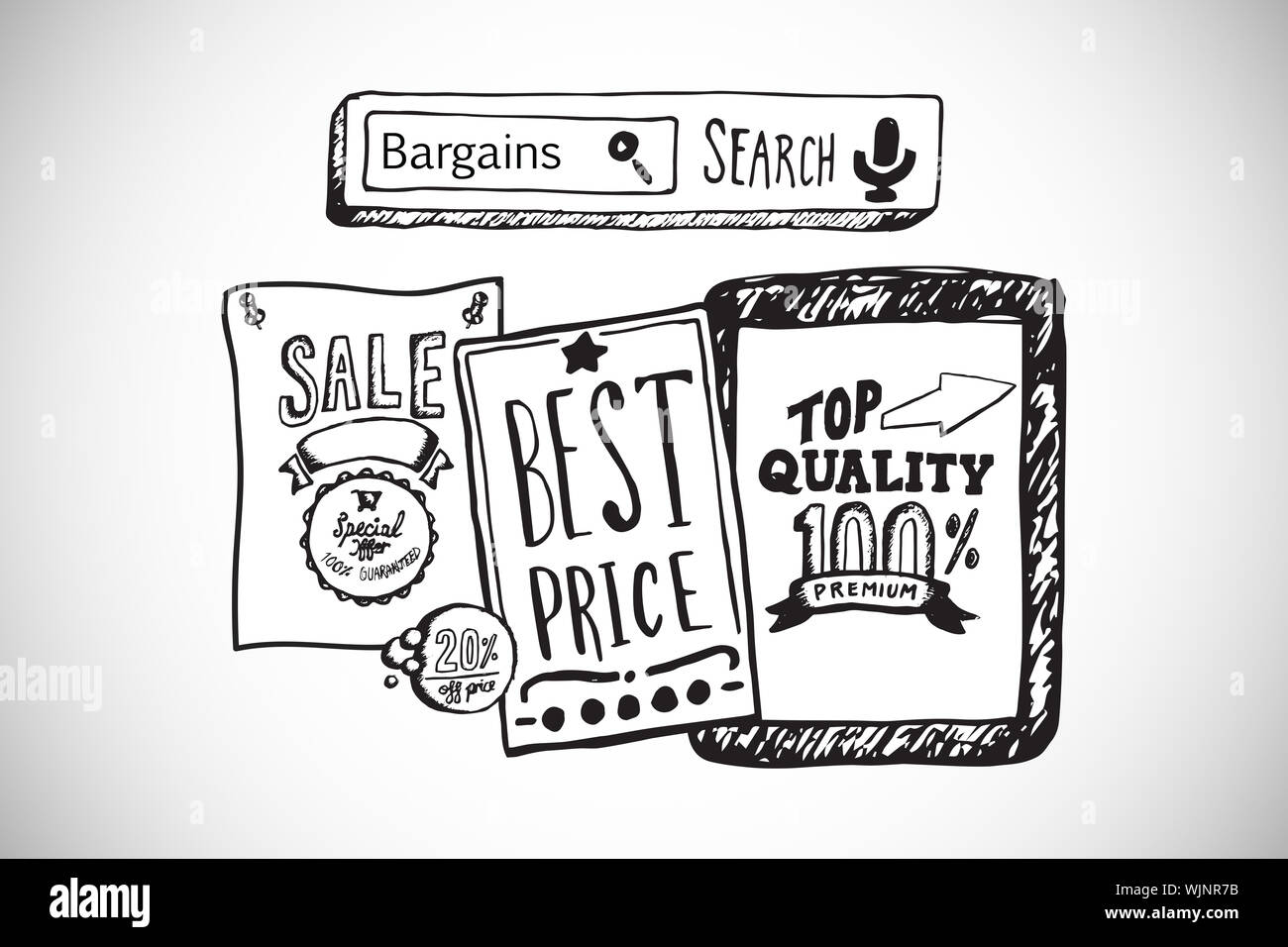 Retail sale doodles against white background with vignette Stock Photo ...