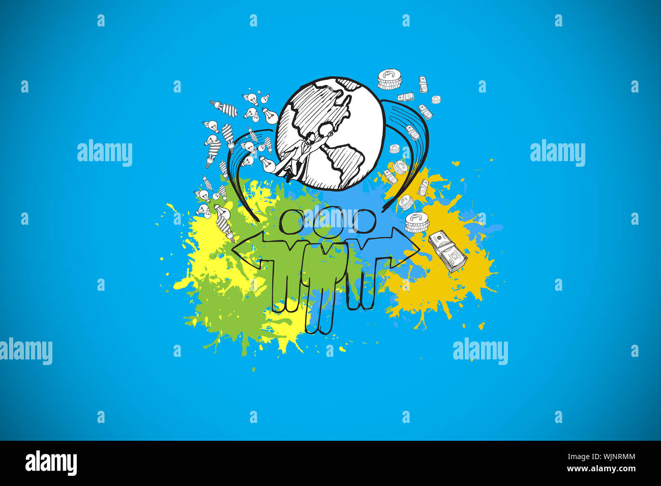 Global community concept on paint splashes against blue background with ...