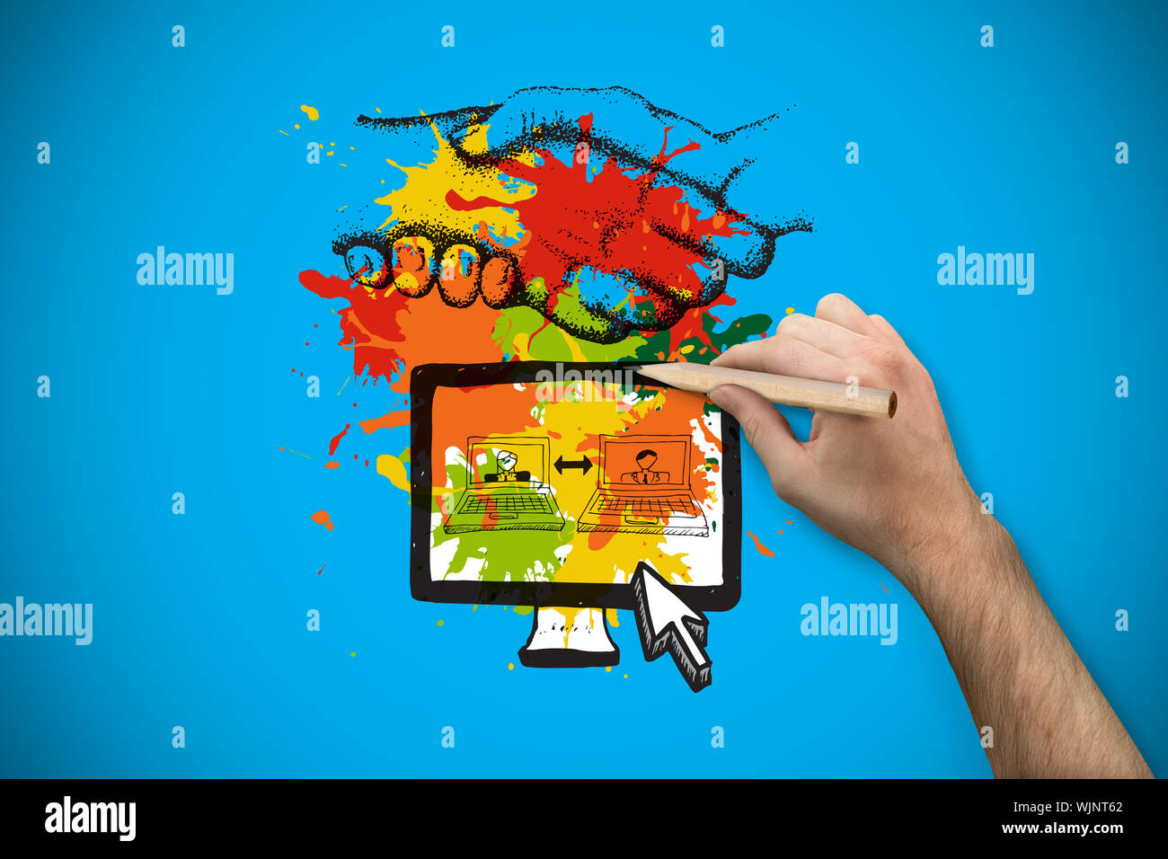 Hand holding a pencil against blue background with vignette Stock Photo ...