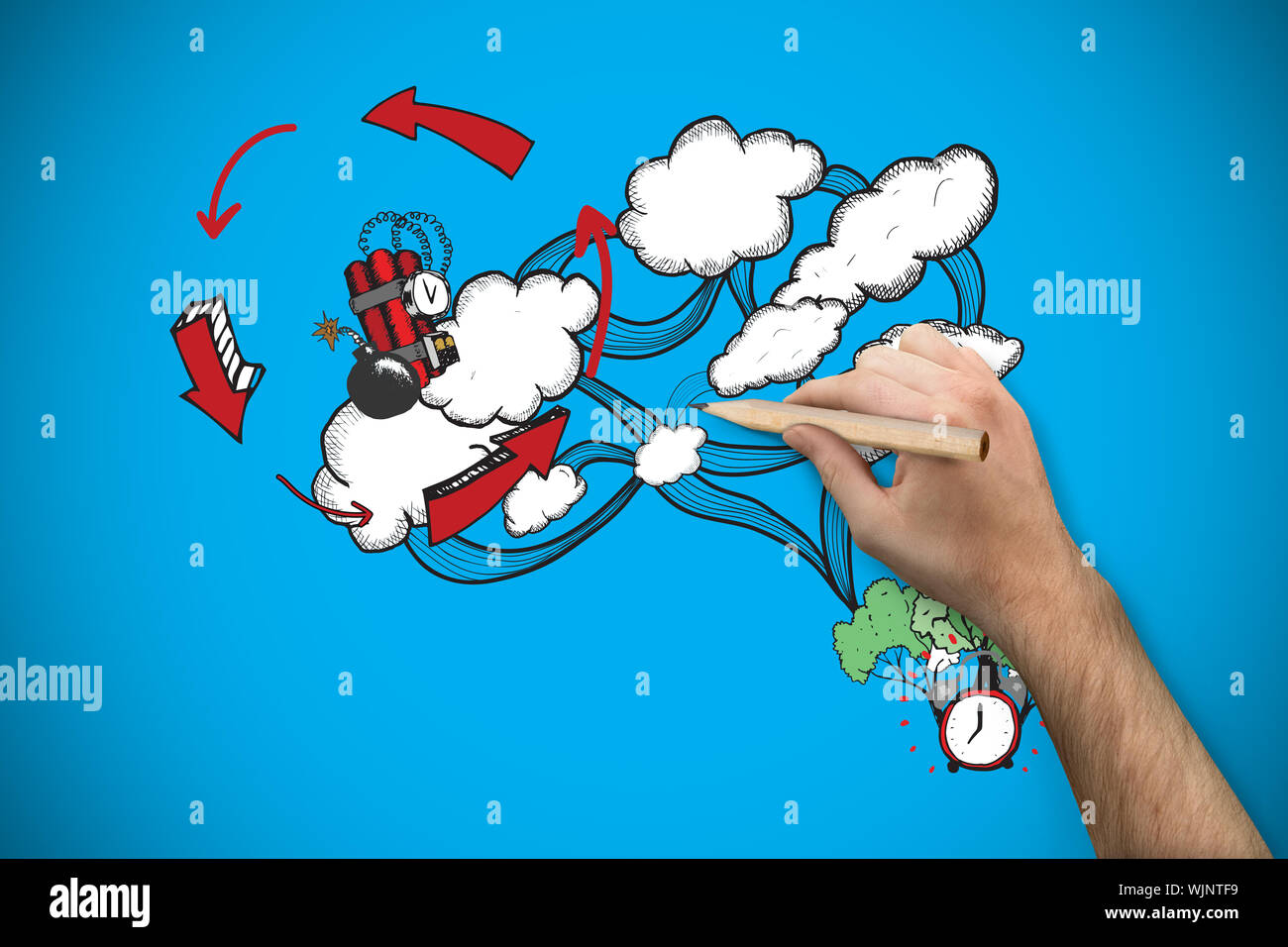 Hand holding a pencil against blue background with vignette Stock Photo ...