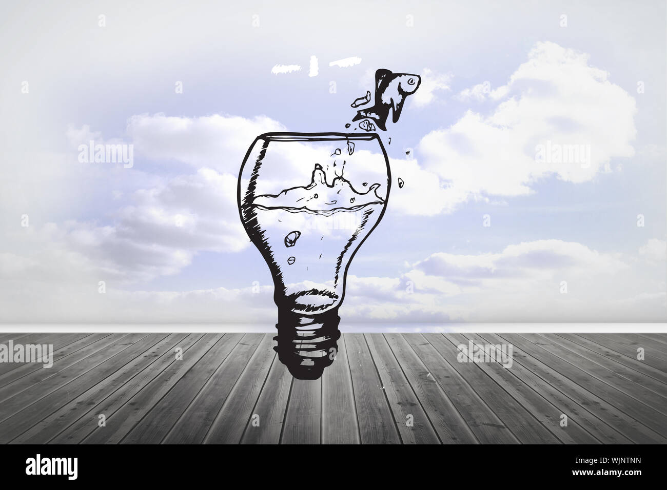Fish jumping out of light bulb bowl against clouds in a room Stock ...