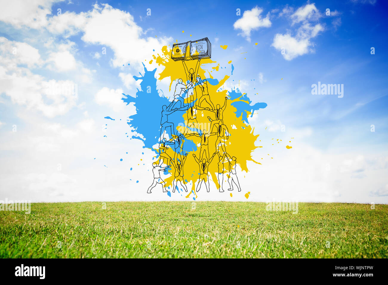Teamwork concept on paint splashes against serene landscape Stock Photo ...