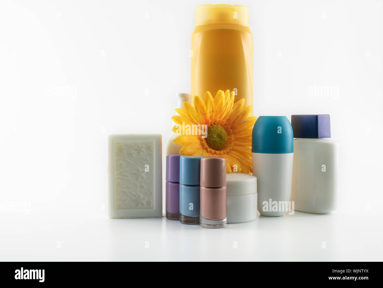 Personal care products. Background in white color close-up. It was ...