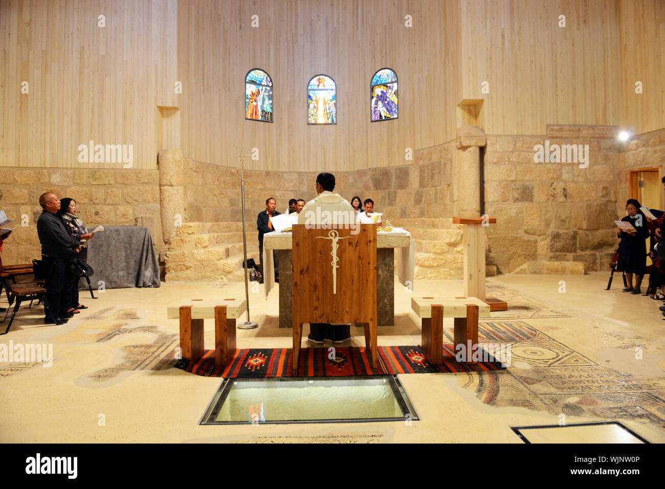 Prayers at the memorial church of Moses at Mount Nebo, Jordan Stock ...