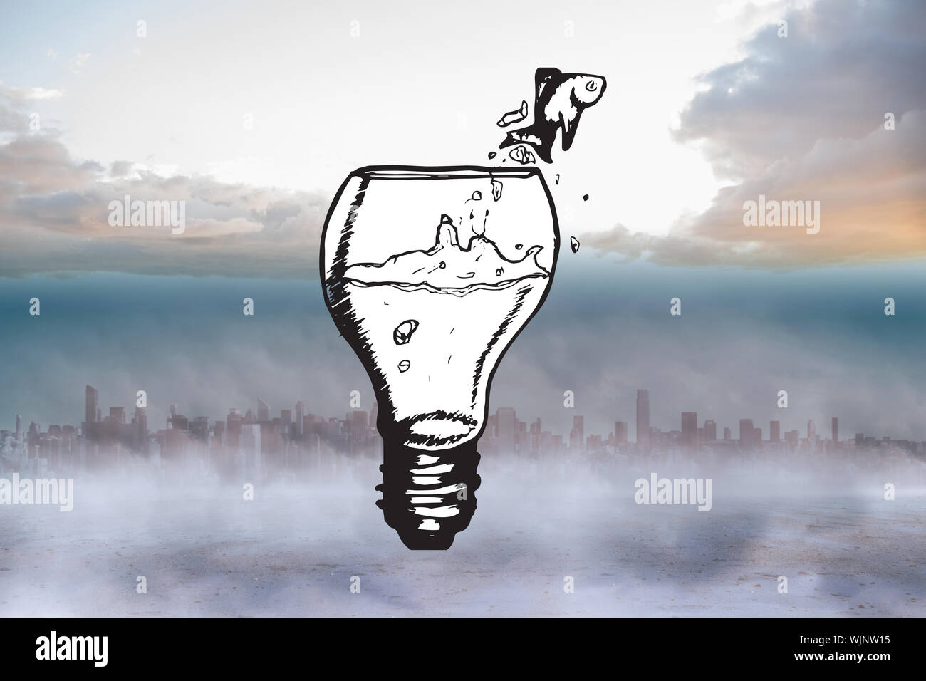 Fish jumping out of light bulb bowl against cityscape on the horizon ...