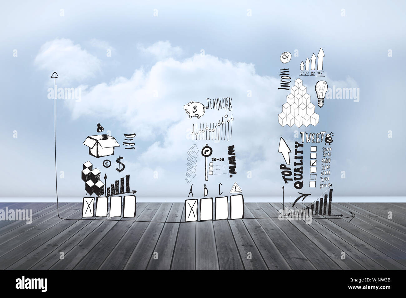 Finance and banking doodles against clouds in a room Stock Photo - Alamy