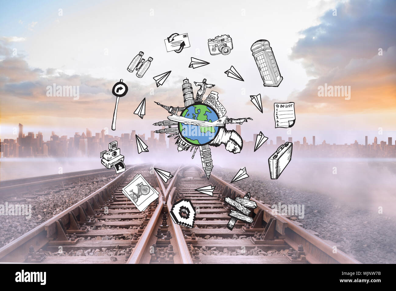 Landmarks of the world doodle against train tracks leading to misty ...