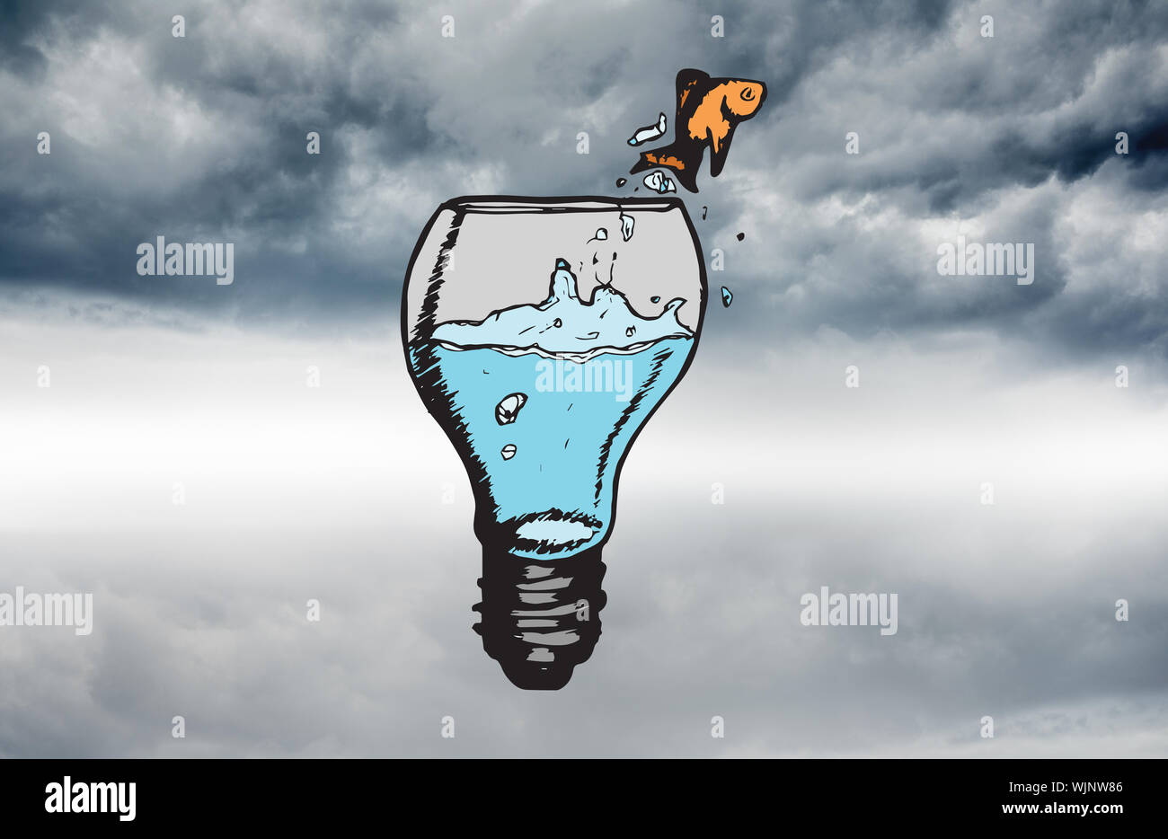 Goldfish jumping from light bulb bowl against cloudy sky background ...