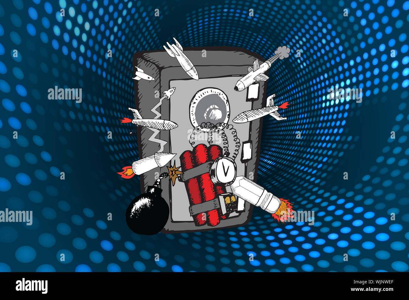 Explosives attacking safe doodle against futuristic dotted blue and ...