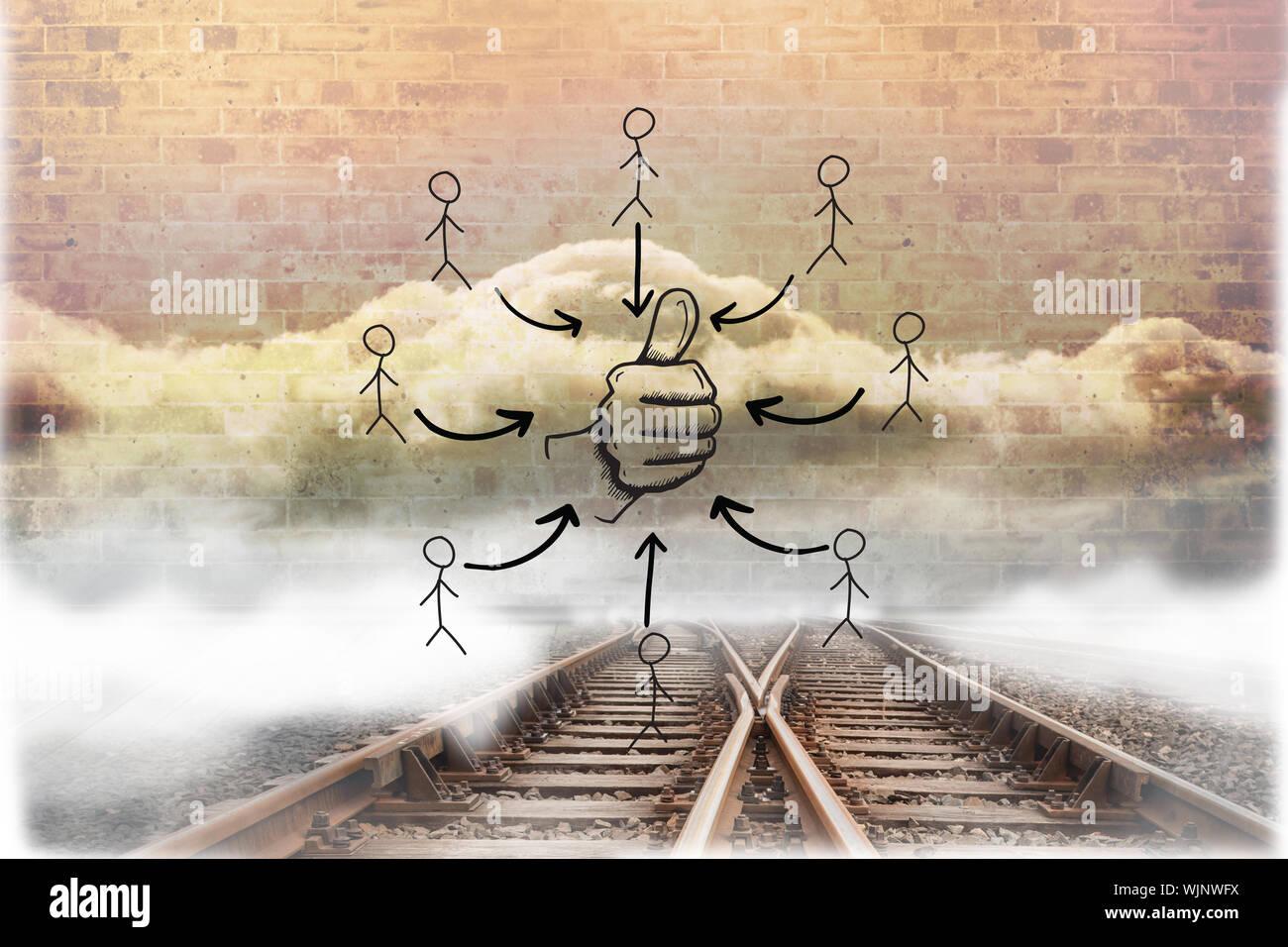 Thumbs up doodle against train tracks leading to brick wall with clouds ...