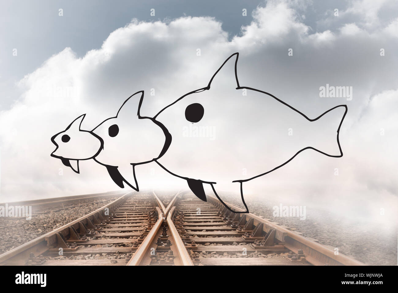 Fish eating a fish eating a fish against train tracks leading over the ...