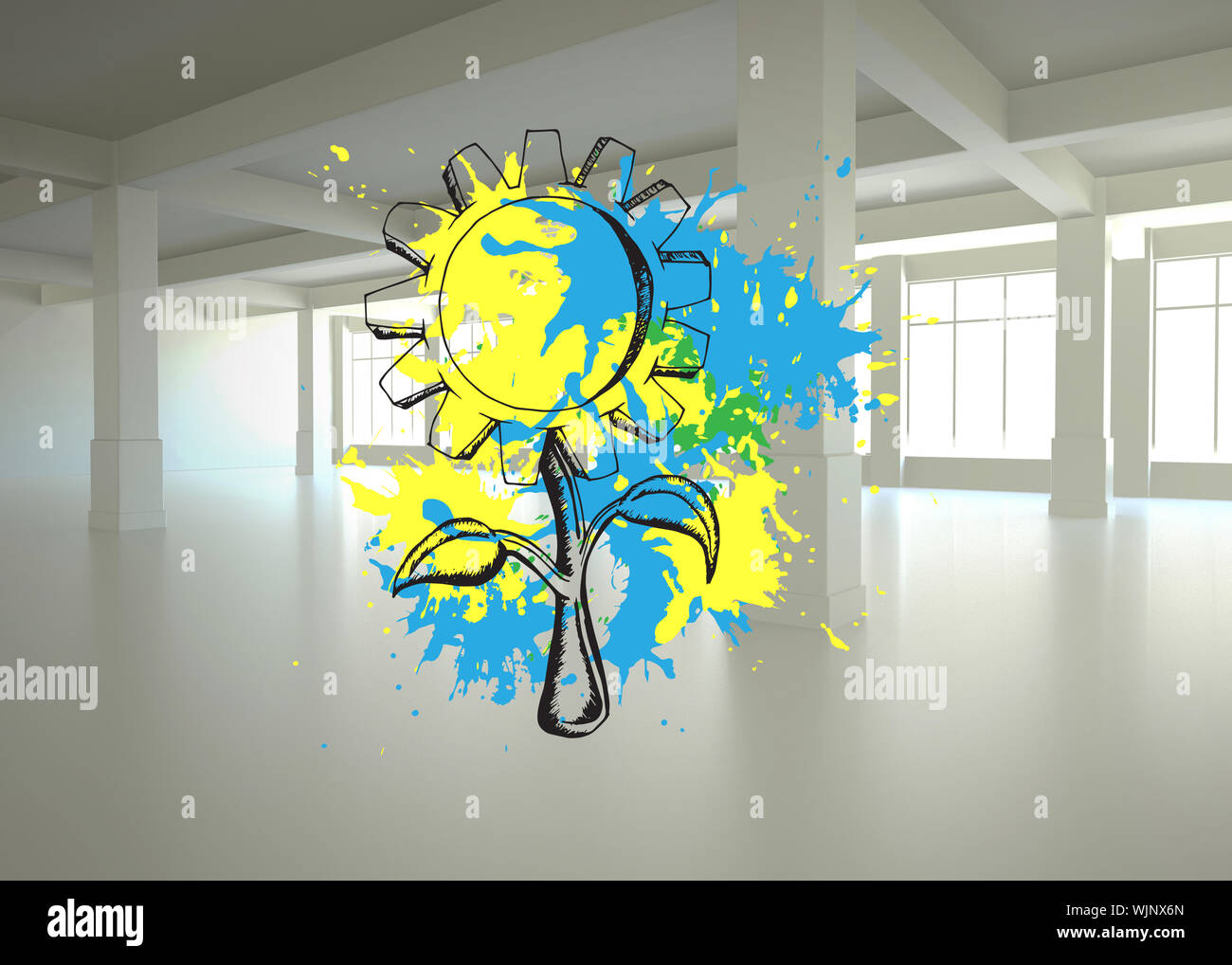 Sunflower on paint splashes against white room with windows Stock Photo ...