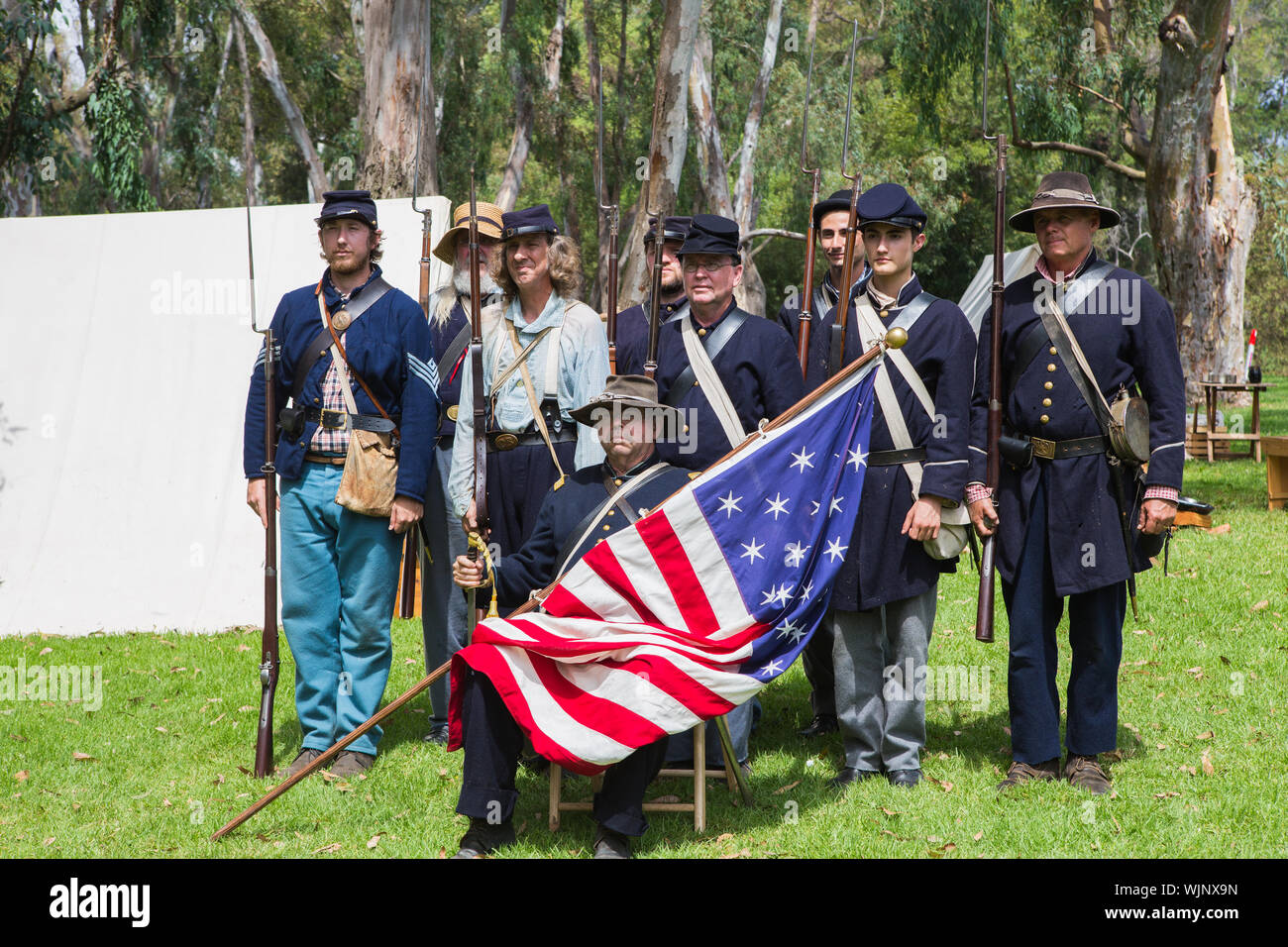 Union soldiers part of a American Civil war reenactment pose for a ...