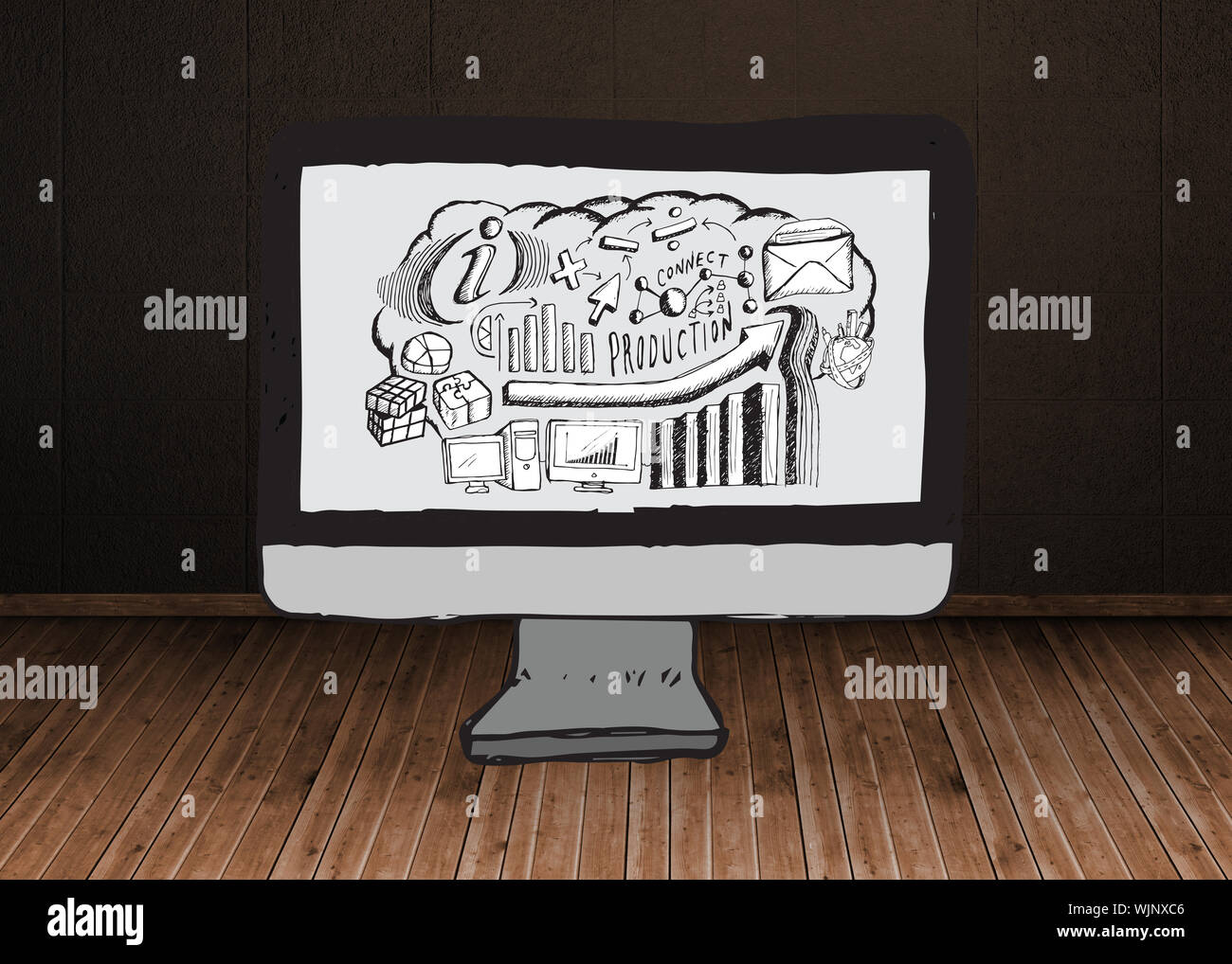 Brainstorm on computer screen doodle against dark room with floorboards ...