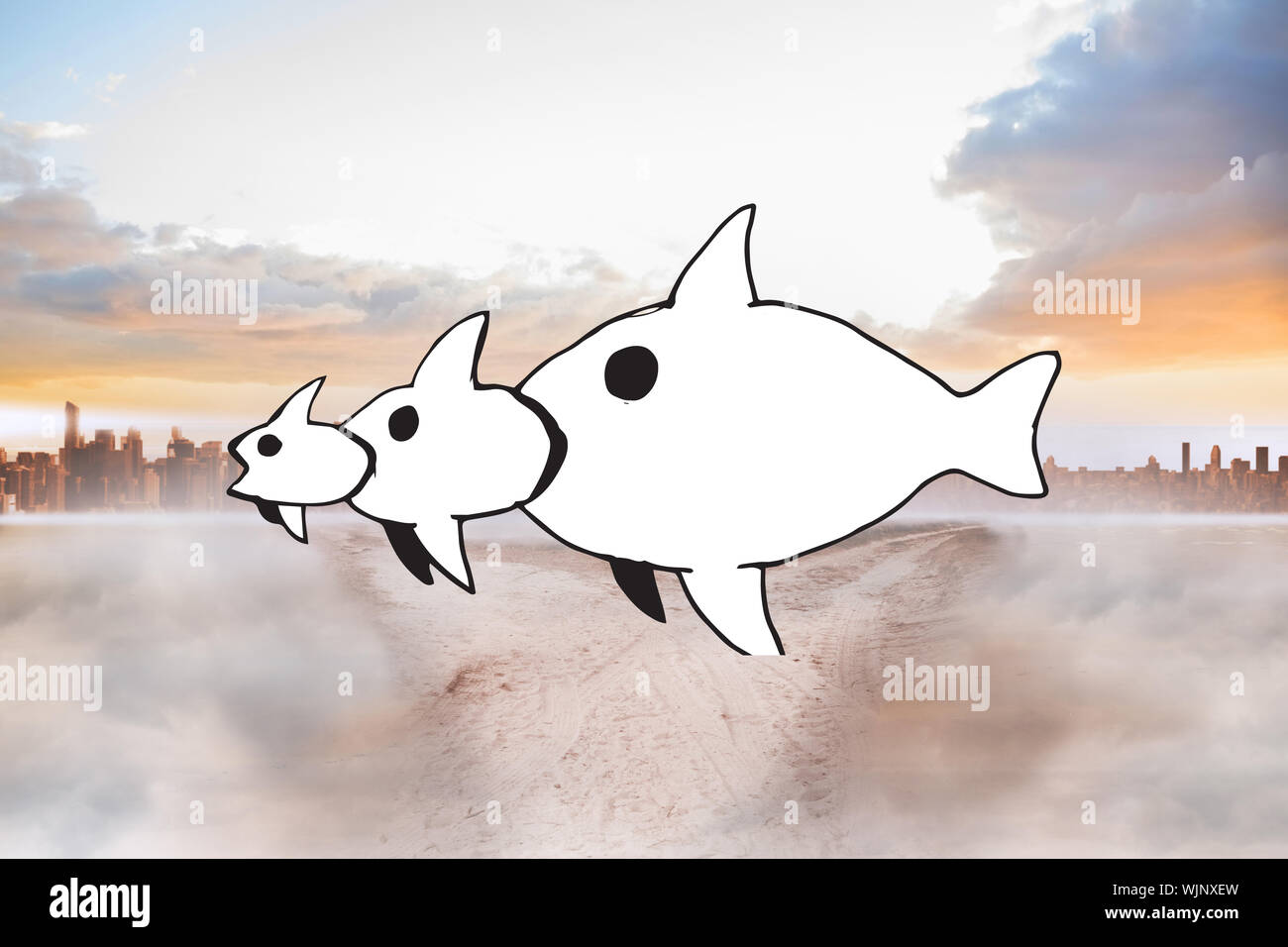 Fish eating a fish eating a fish against dusty path in desert leading ...