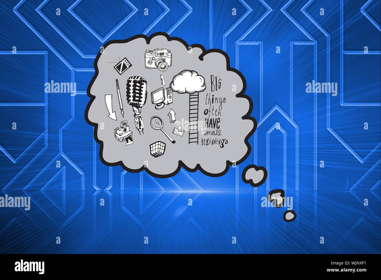 Thought bubble with doodles against abstract technology background ...