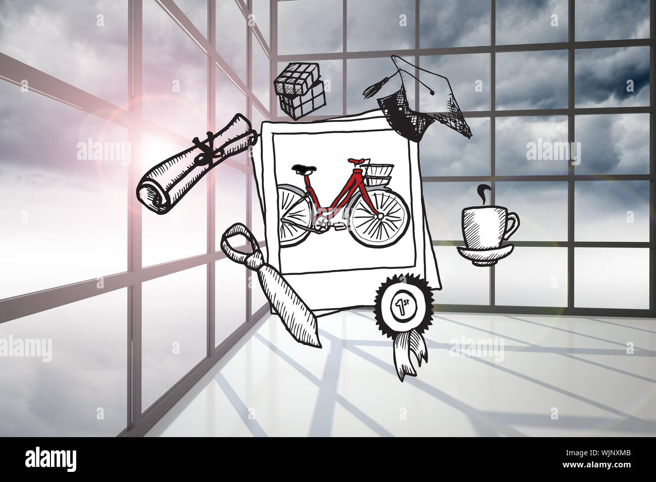 Life events doodle against gloomy sky seen through windows Stock Photo ...