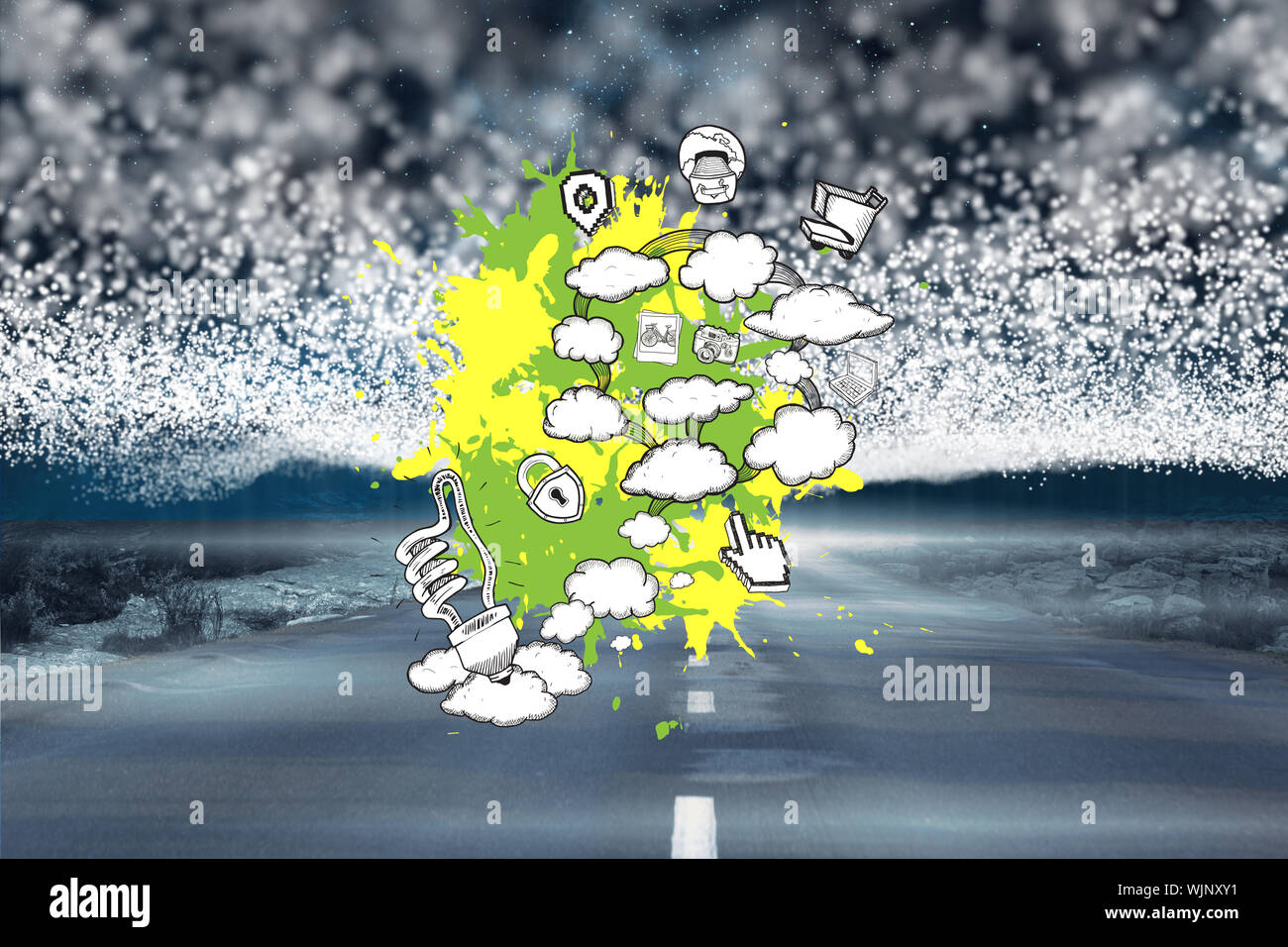 Brainstorm on paint splashes against bright stars of energy over ...