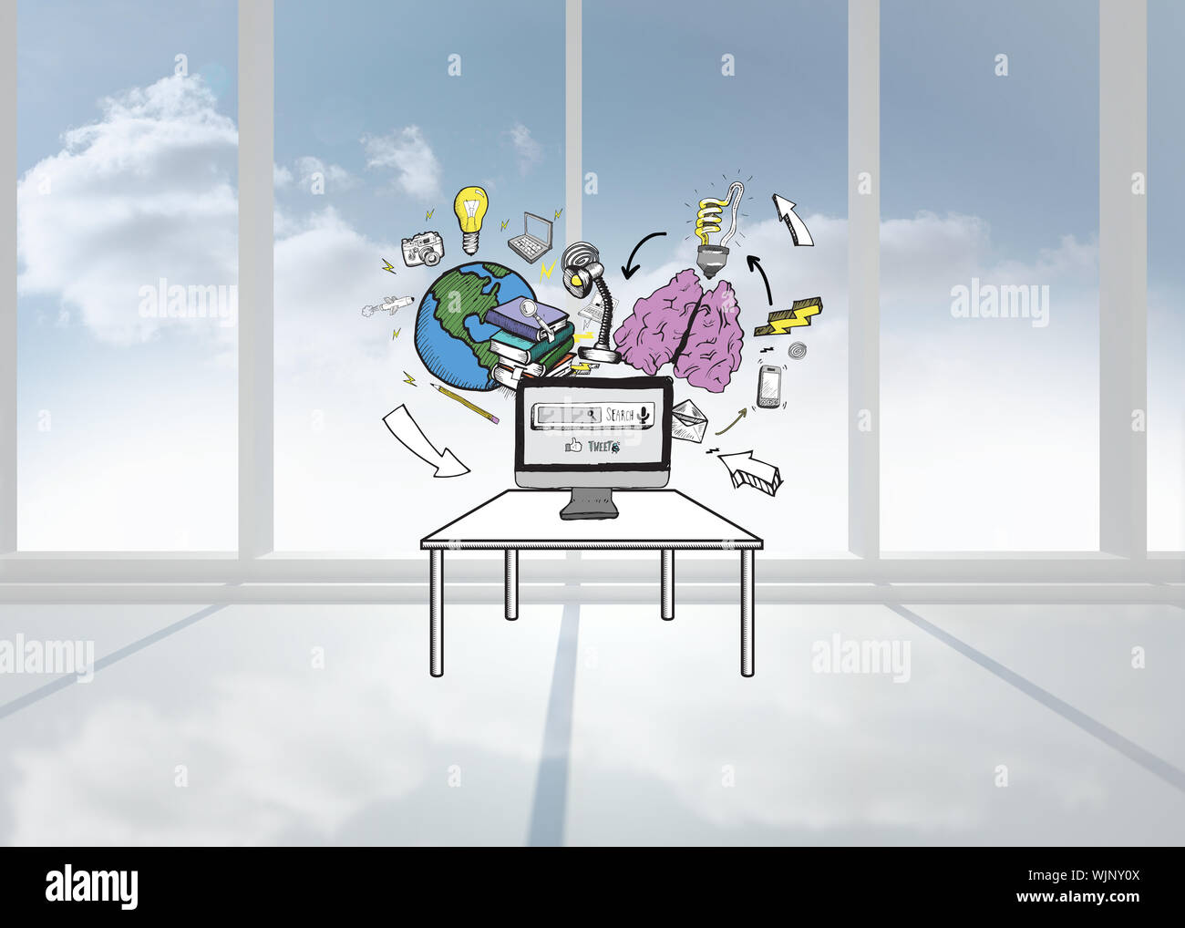 Computer with brainstorm doodles against white background with vignette ...