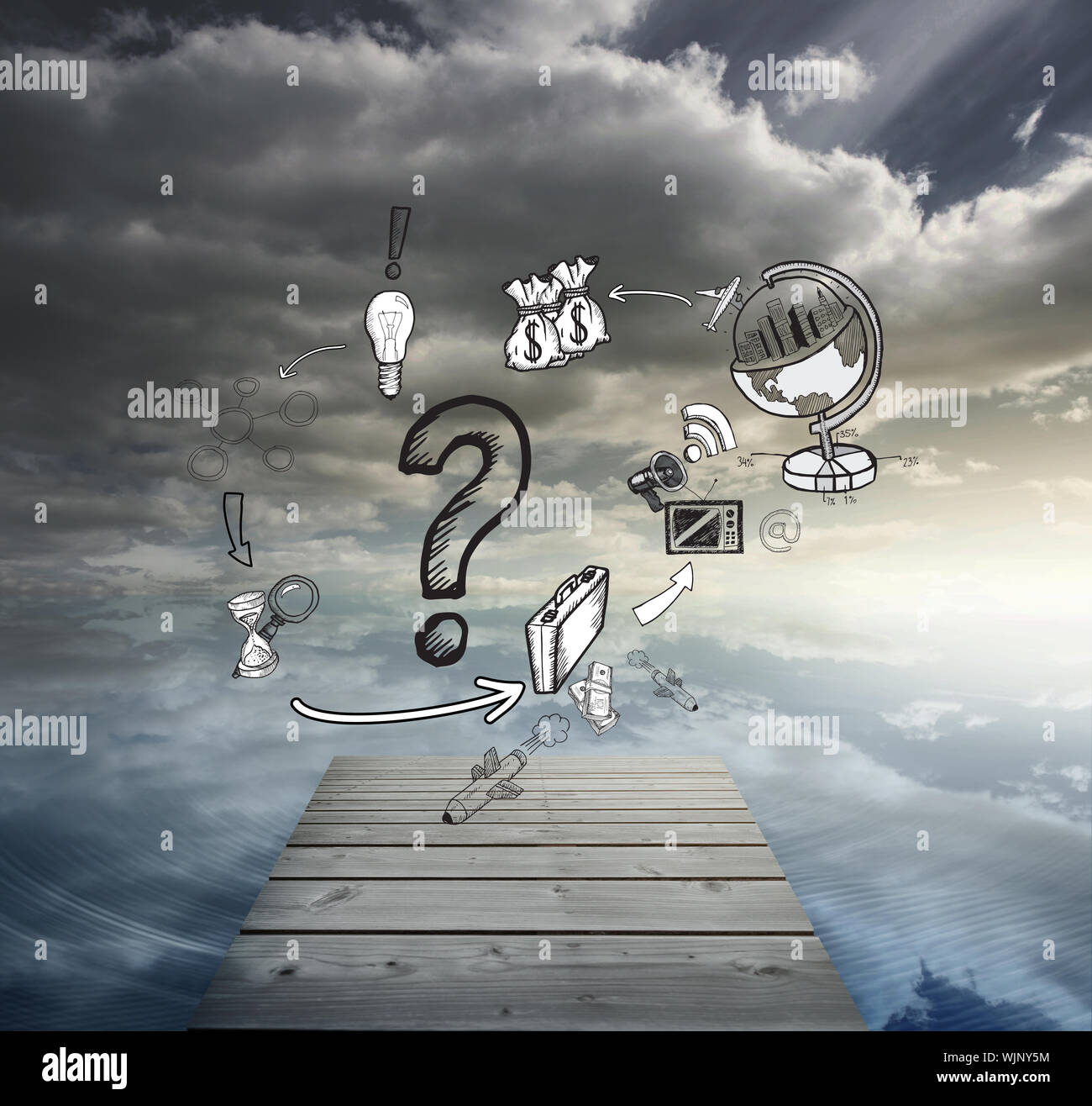 Question mark with earth and profit doodles against bridge over ...