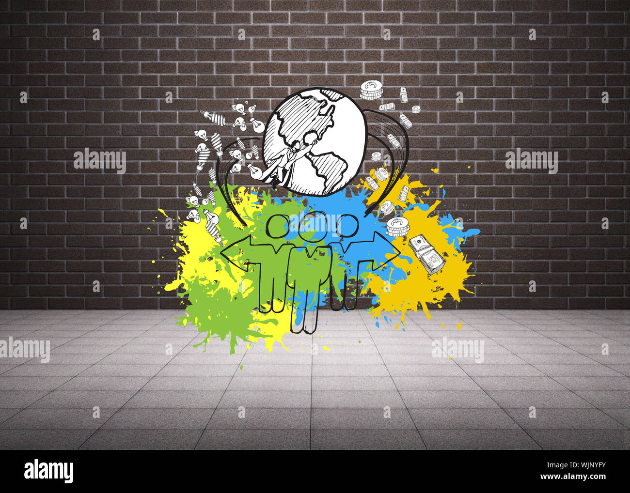 Global community concept on paint splashes against room with brick wall ...