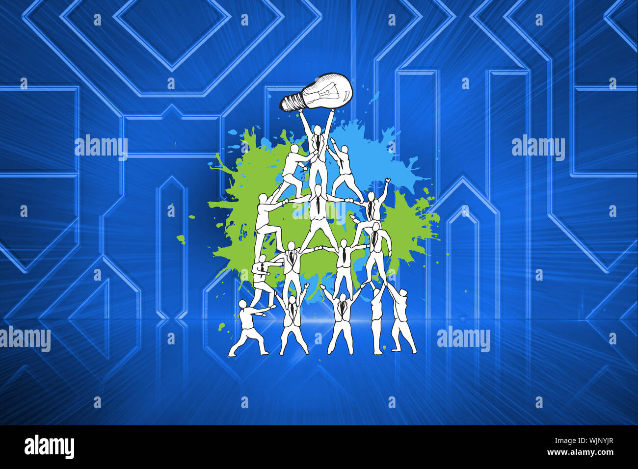 Teamwork concept on paint splashes against abstract technology ...