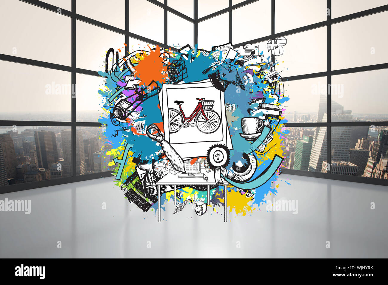 Life event doodles on paint splashes against room with large window ...