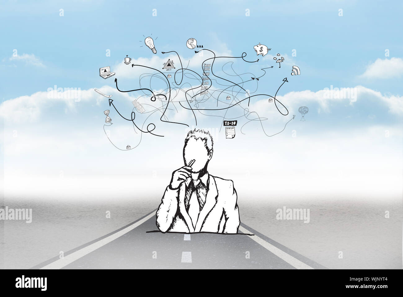 Thinking businessman doodle against open road Stock Photo - Alamy