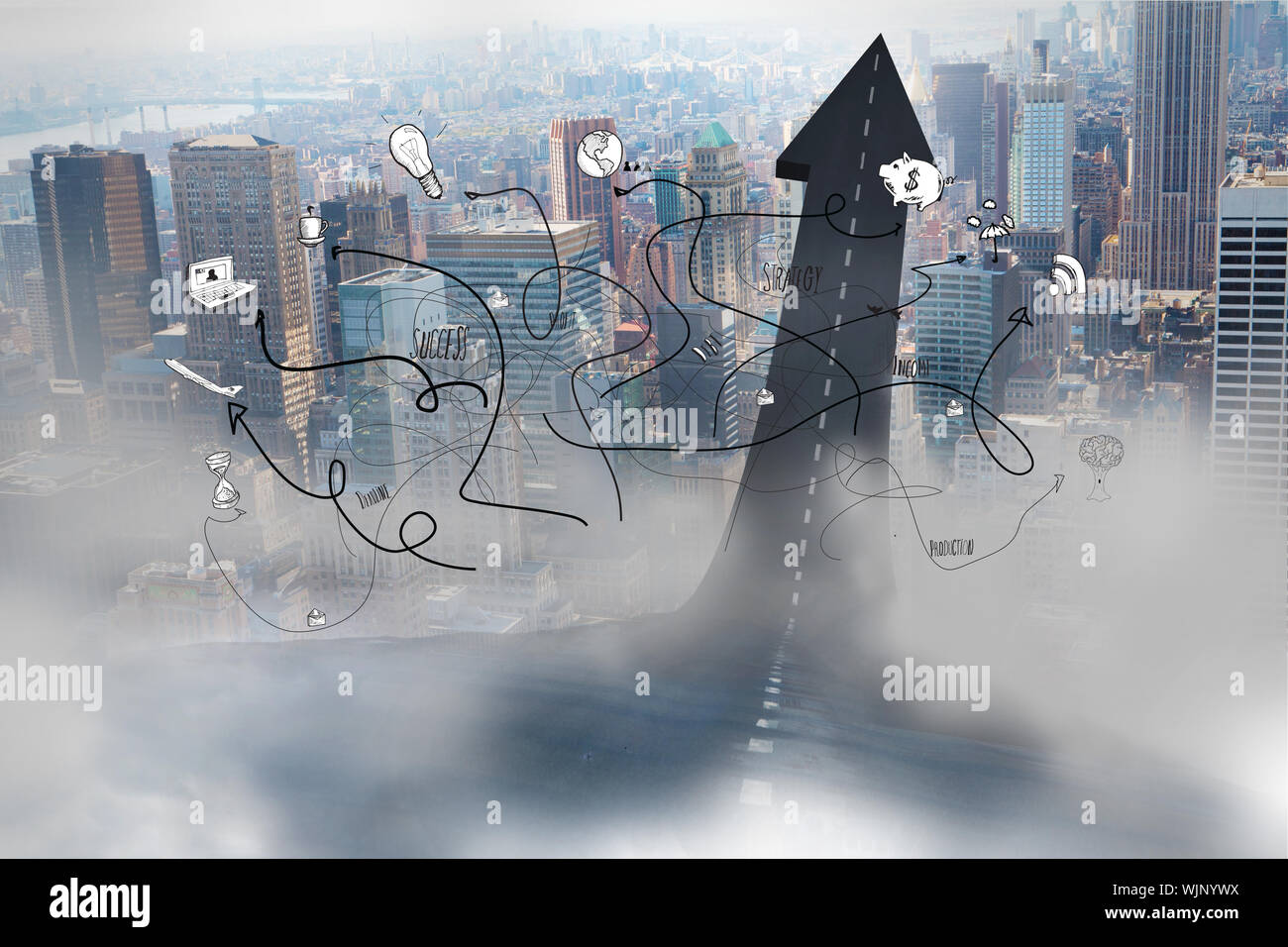 Brainstorm doodle with arrows against road turning into arrow Stock ...