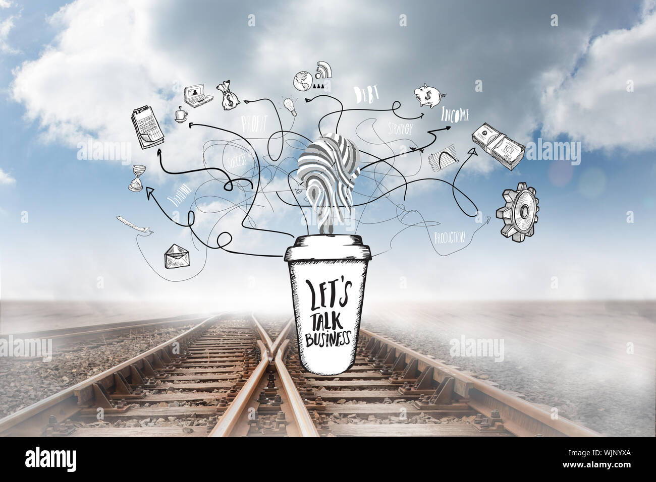 Business and applications doodles with coffee cup against train tracks ...